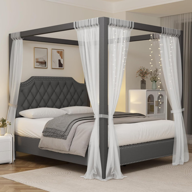 Lark Manor Queen Canopy Bed Frame With Upholstered Headboard Four Poster Design Button Tufted And Slide Rail Wayfair